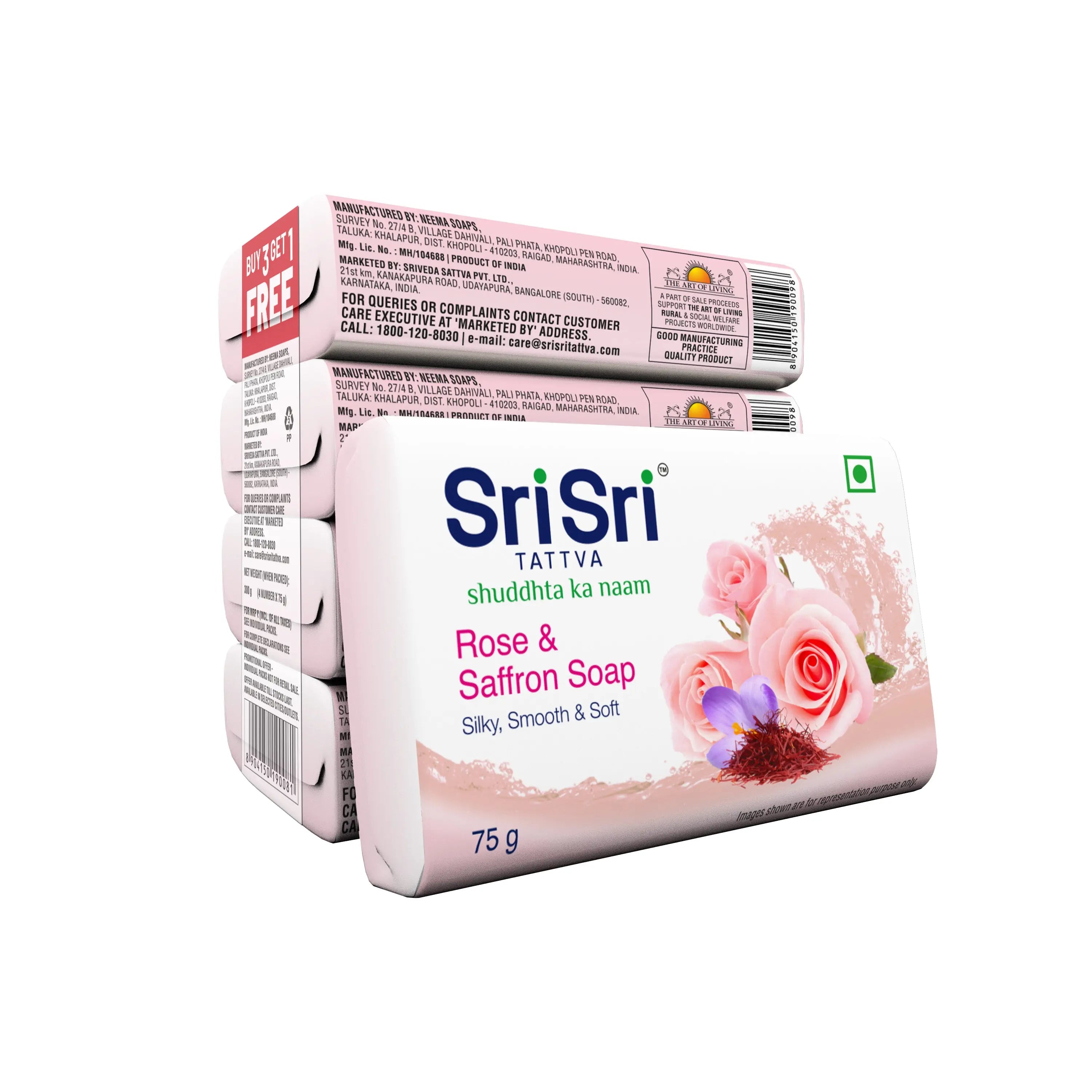 Rose & Saffron Soap [Buy 3 Get 1 Free], 75gm Each | Sri Sri Tattva